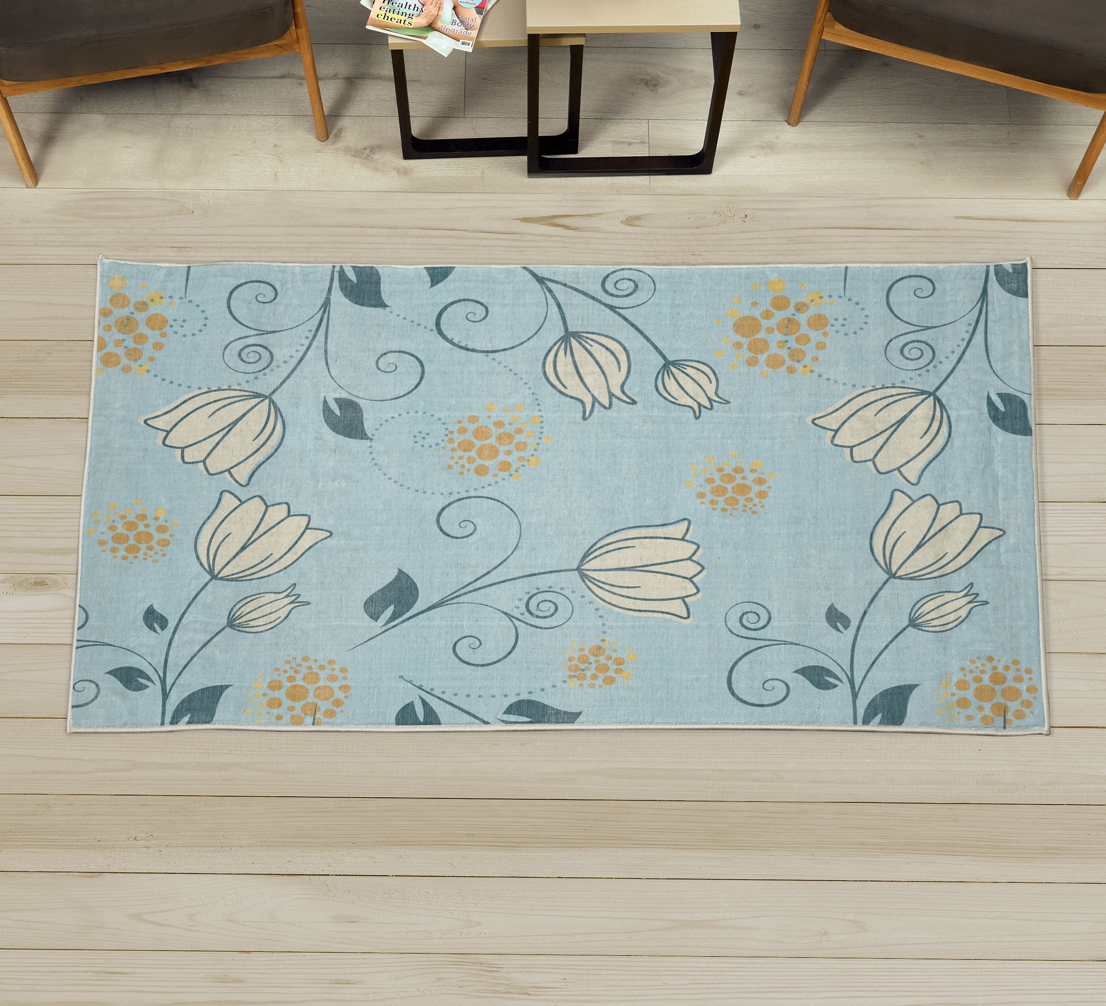 Floral Decorative Rug, Dutch Tulip Ottoman Flowers with Leaves Natural ...