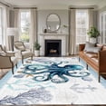 Blue Octopus Rectangle Area Rug 8x10 ft Ocean Watercolor Blue Seastars ...