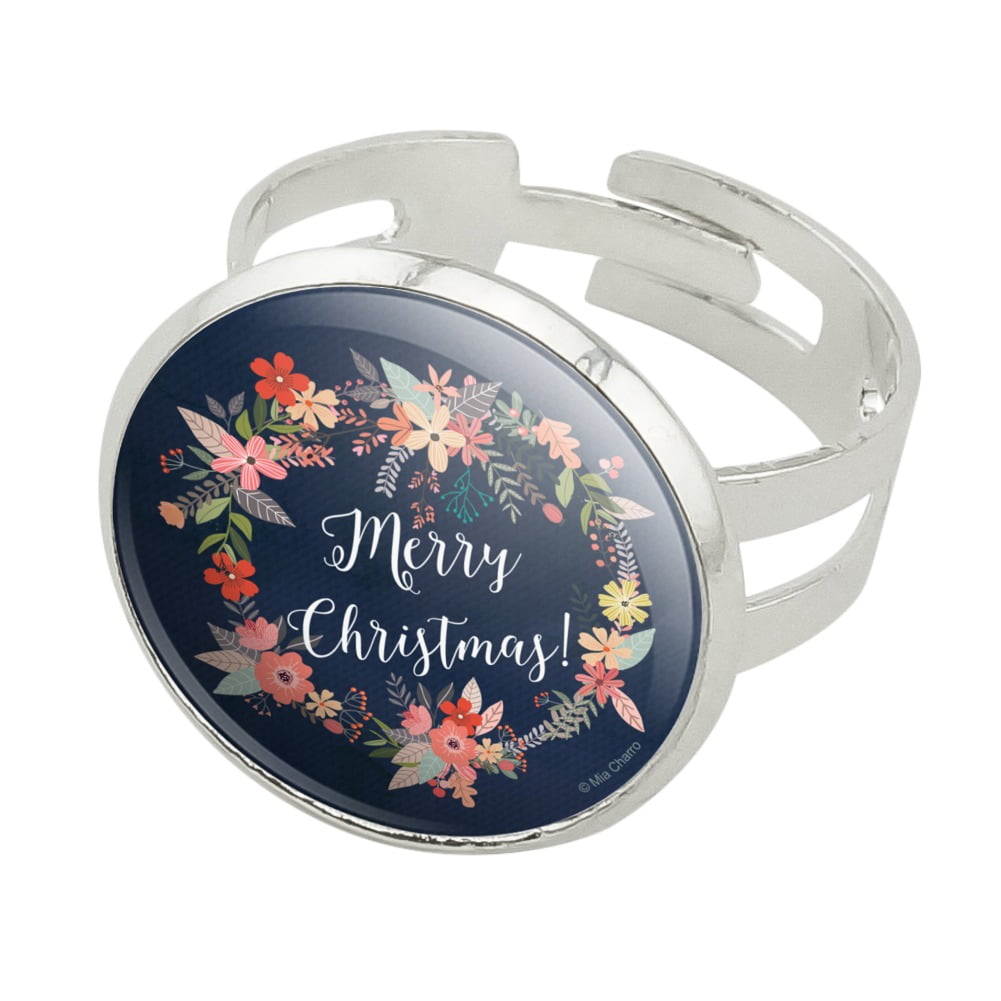 Merry Christmas Snowflakes Wreath Silver Plated Adjustable Novelty Ring ...