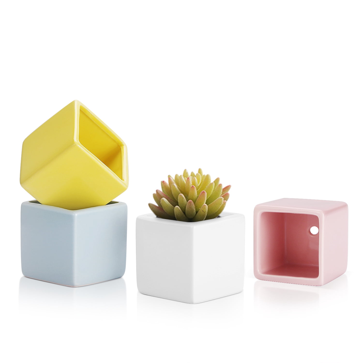 Square Succulent Planter (Set of 4, Assorted Colors) Ceramic Pot with ...
