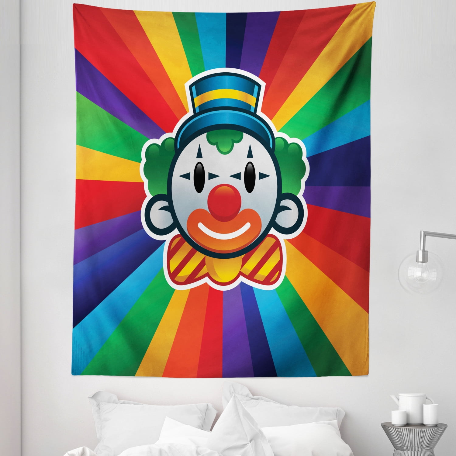 Circus Tapestry, Single Clown Face with Colorful Sunburst Effect ...