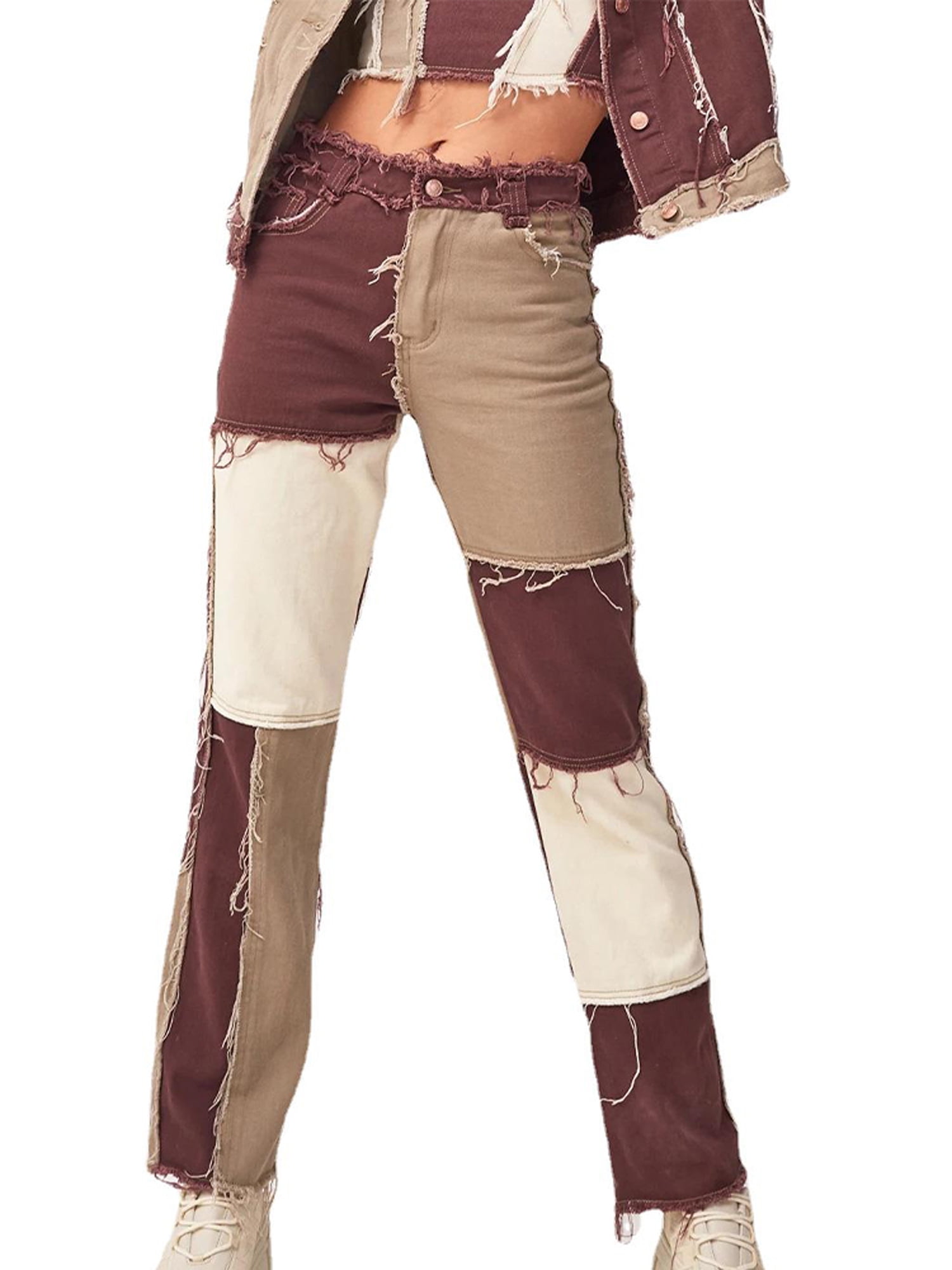 Pfysire Women Color Block Jeans Straight Leg Pants Casual Trousers ...