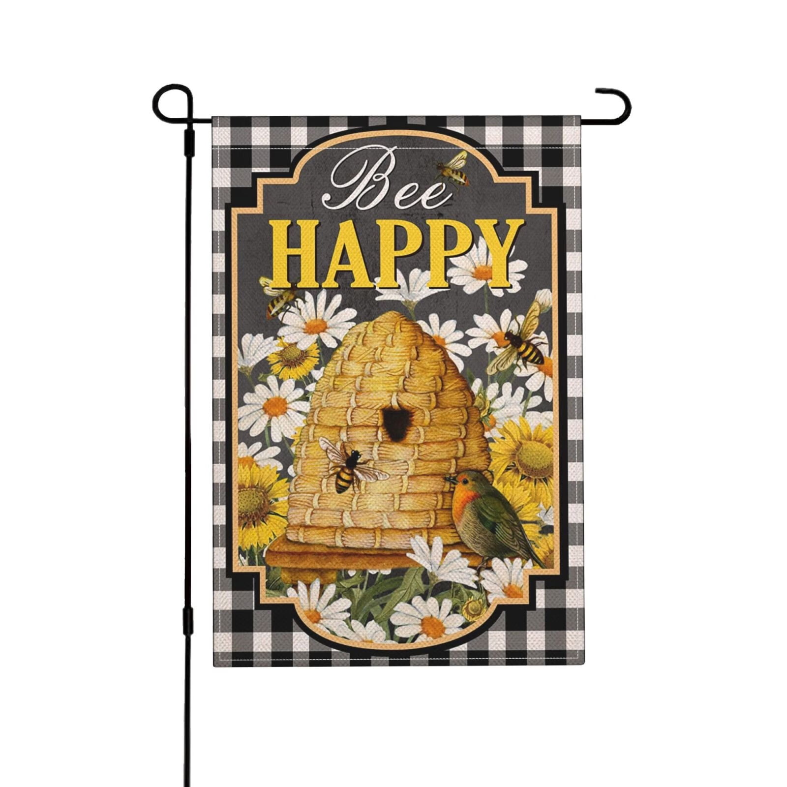 Bee Happy Garden Flag, Daisy Flowers Bird House Yard Buffalo Plaid ...