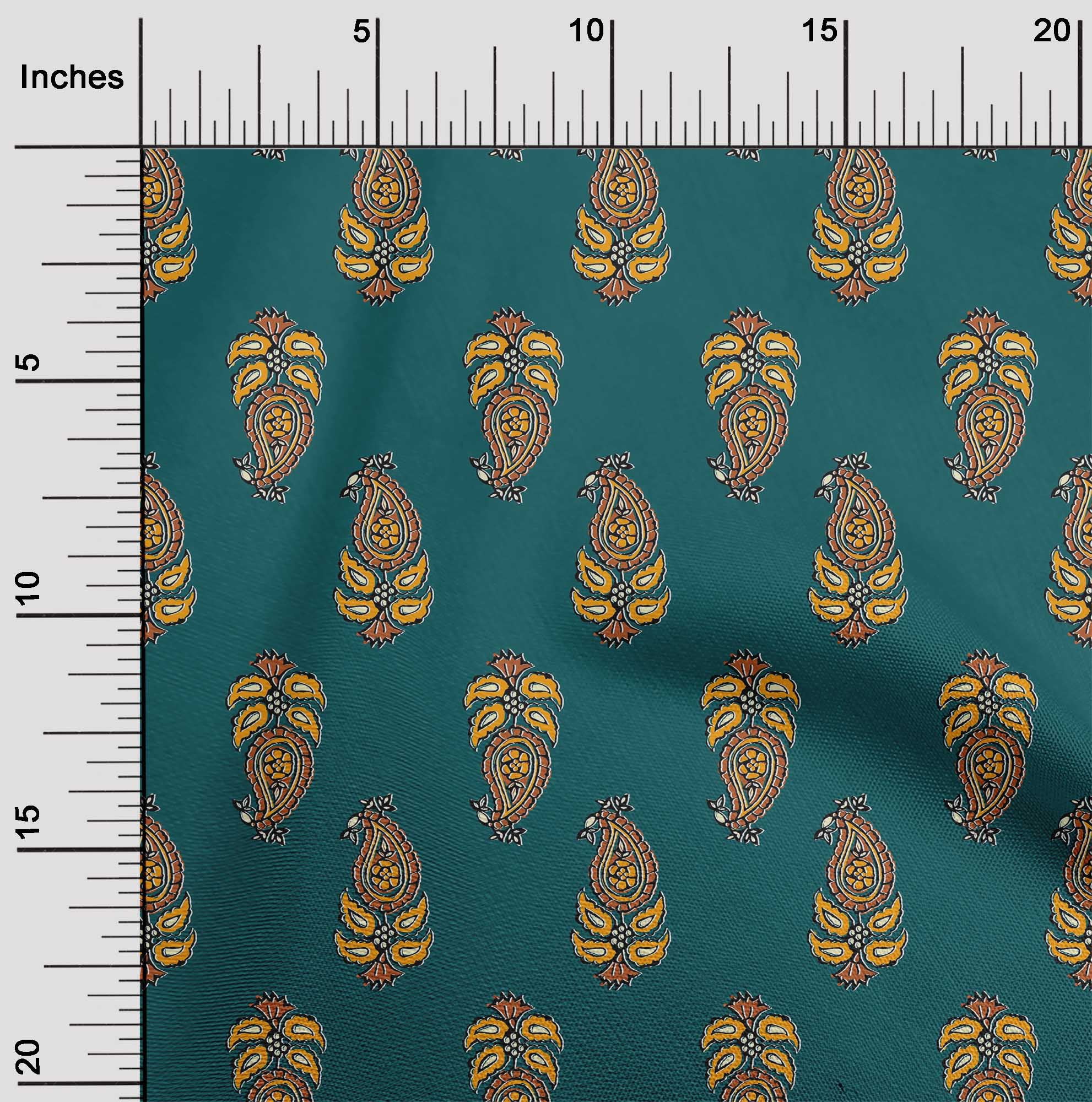 oneOone Silk Tabby Fabric Leaves & Paisley Block Printed Fabric 1 Yard ...