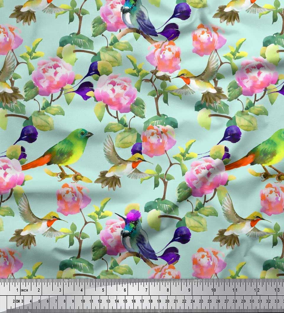 Soimoi Modal Satin Fabric Leaves,Floral & Hummingbird Bird Fabric ...