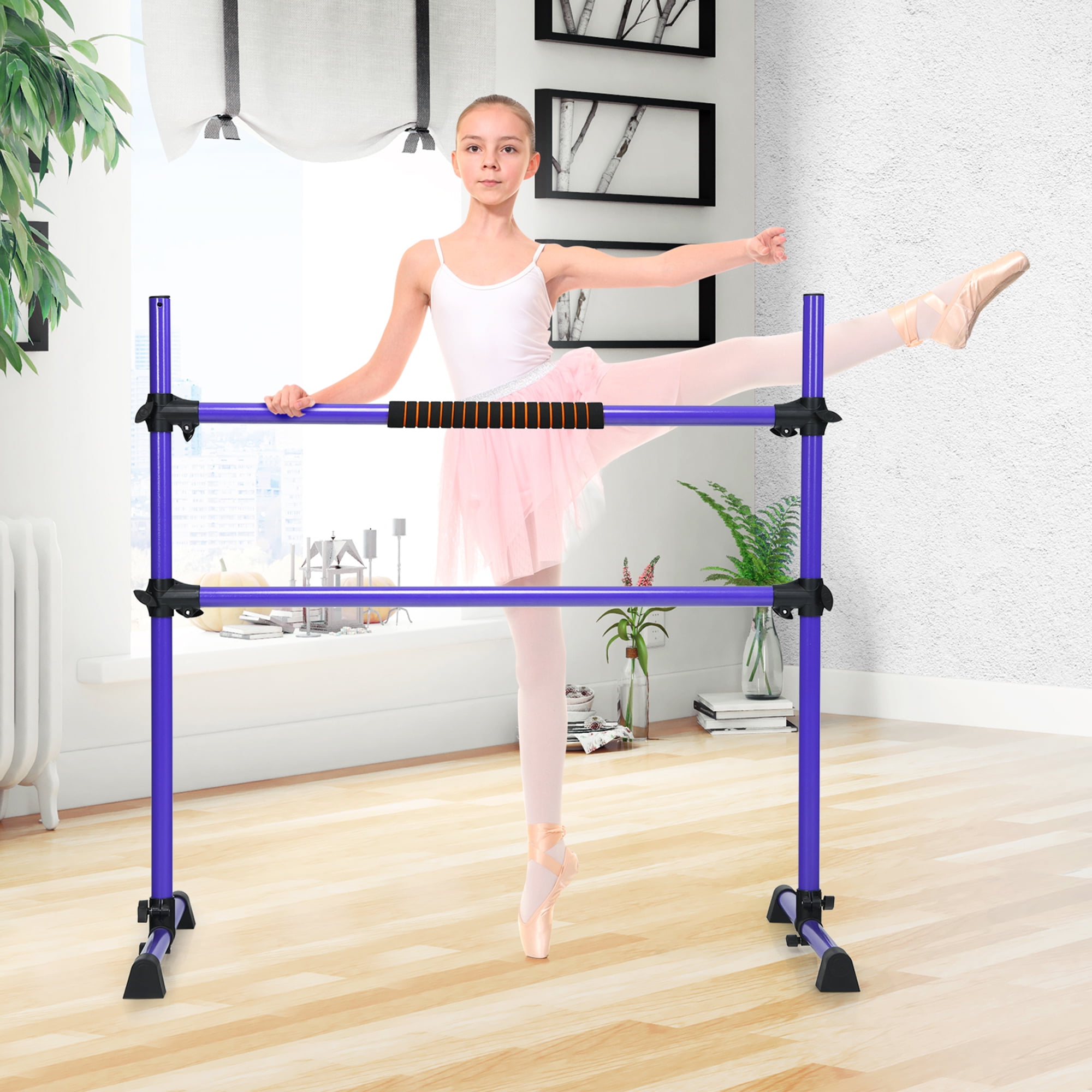 Gymax Freestanding Ballet Barre Double Stretching Adjustable Dance Bar ...