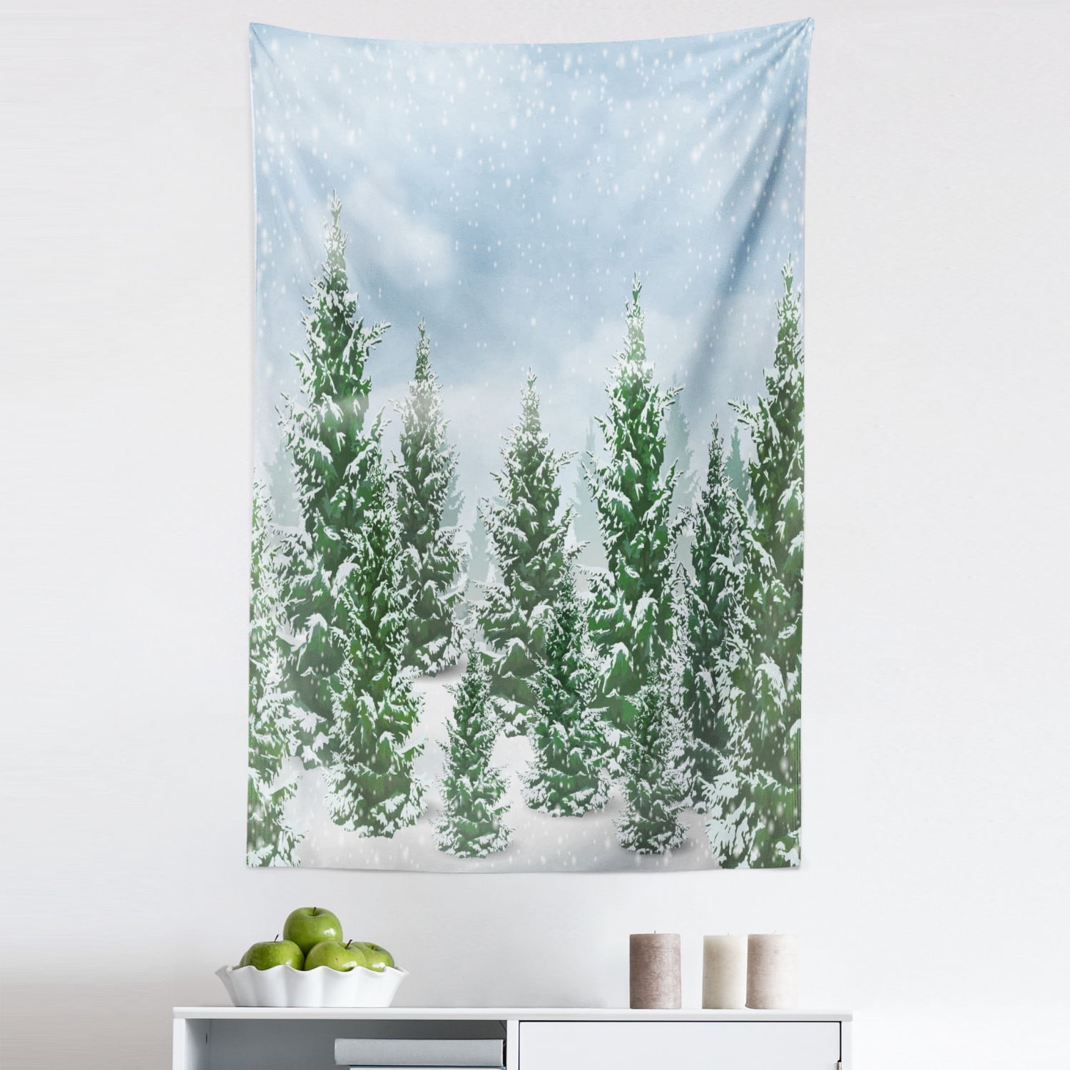 Snowy Mountains Tapestry, Pine Trees Covered Seasonal Change Holiday ...