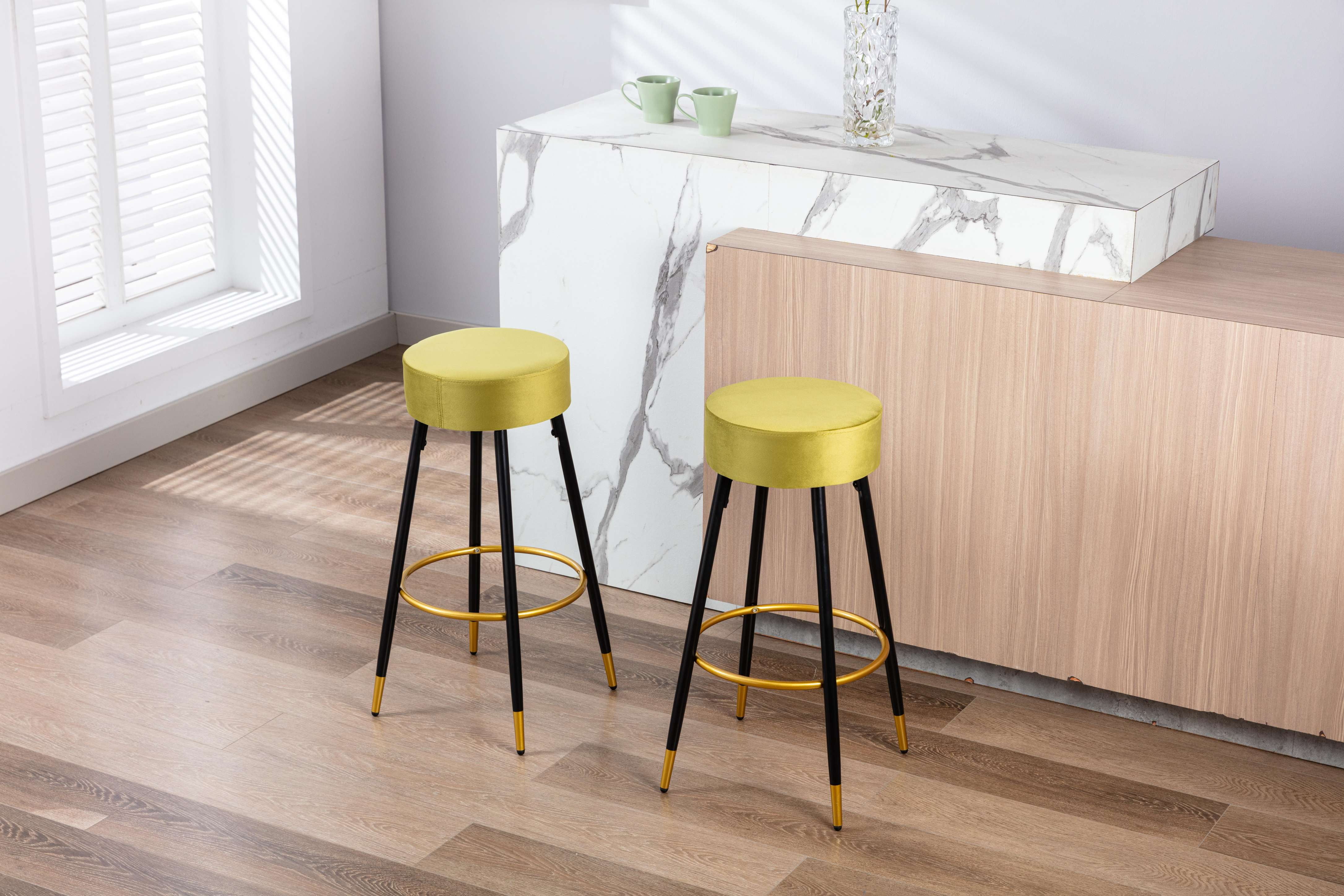 Set of 2 Round Velvet Stools Upholstered, 24 Inches Height Stools with ...