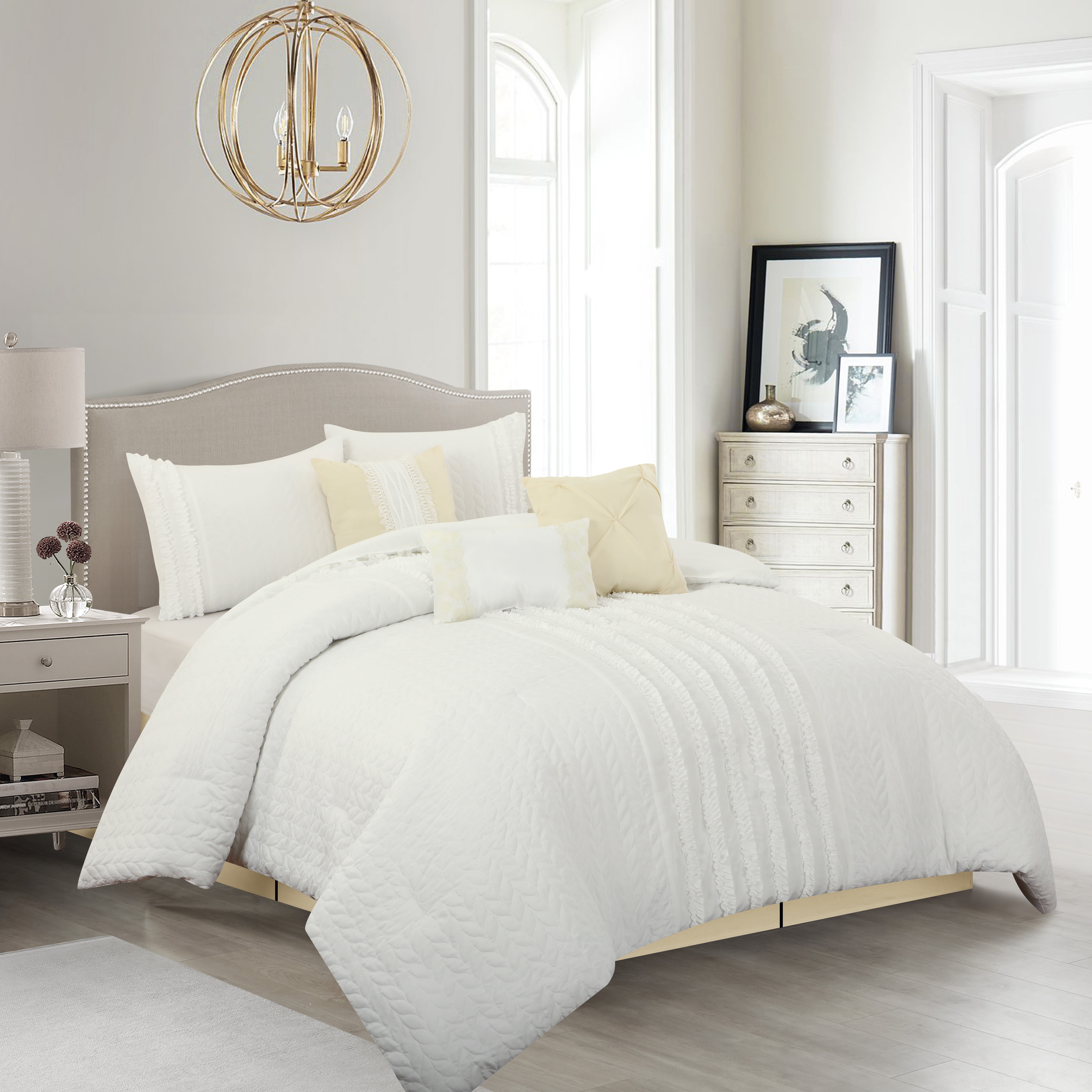 Lanco Cream Puff 7 Piece Comforter Set, White/Yellow, Queen, Solid, 100 ...
