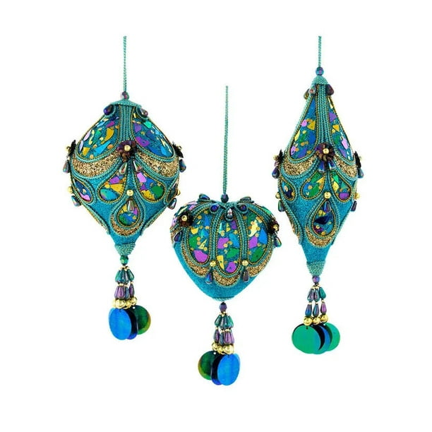 Set of 3 PEACOCK Christmas Ornaments, Heart, Finial, Ball, by Kurt ...
