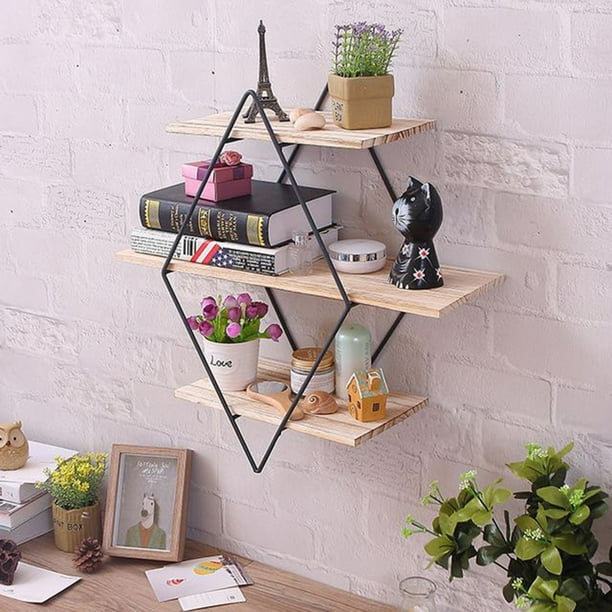 Home Decor Metal & Wood Rhombus Design Grid Wall Shelf Industrial ...