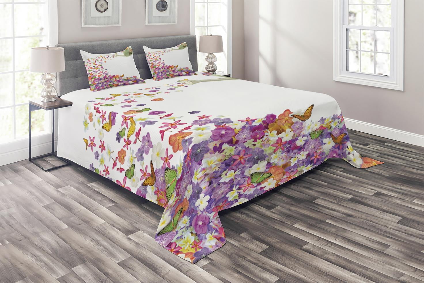 Ambesonne Floral Quilted Coverlet 3 Pcs, Flowers Watering Pot, Queen ...