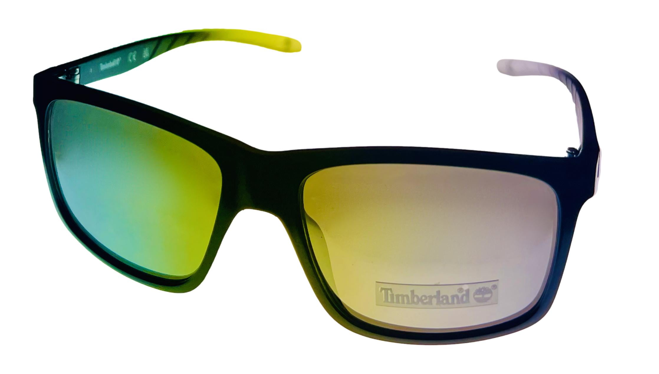 Timberland Shiny Black Mens Plastic Rectangle Wrap Sunglass Green Lens