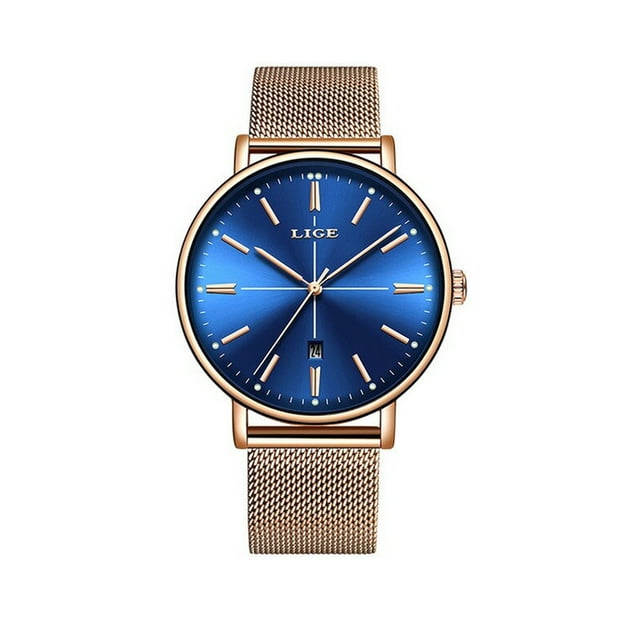 LIGE Womens Luxury Watch, Blue Face, Stainless Steel Mesh Band, 3 Bar ...