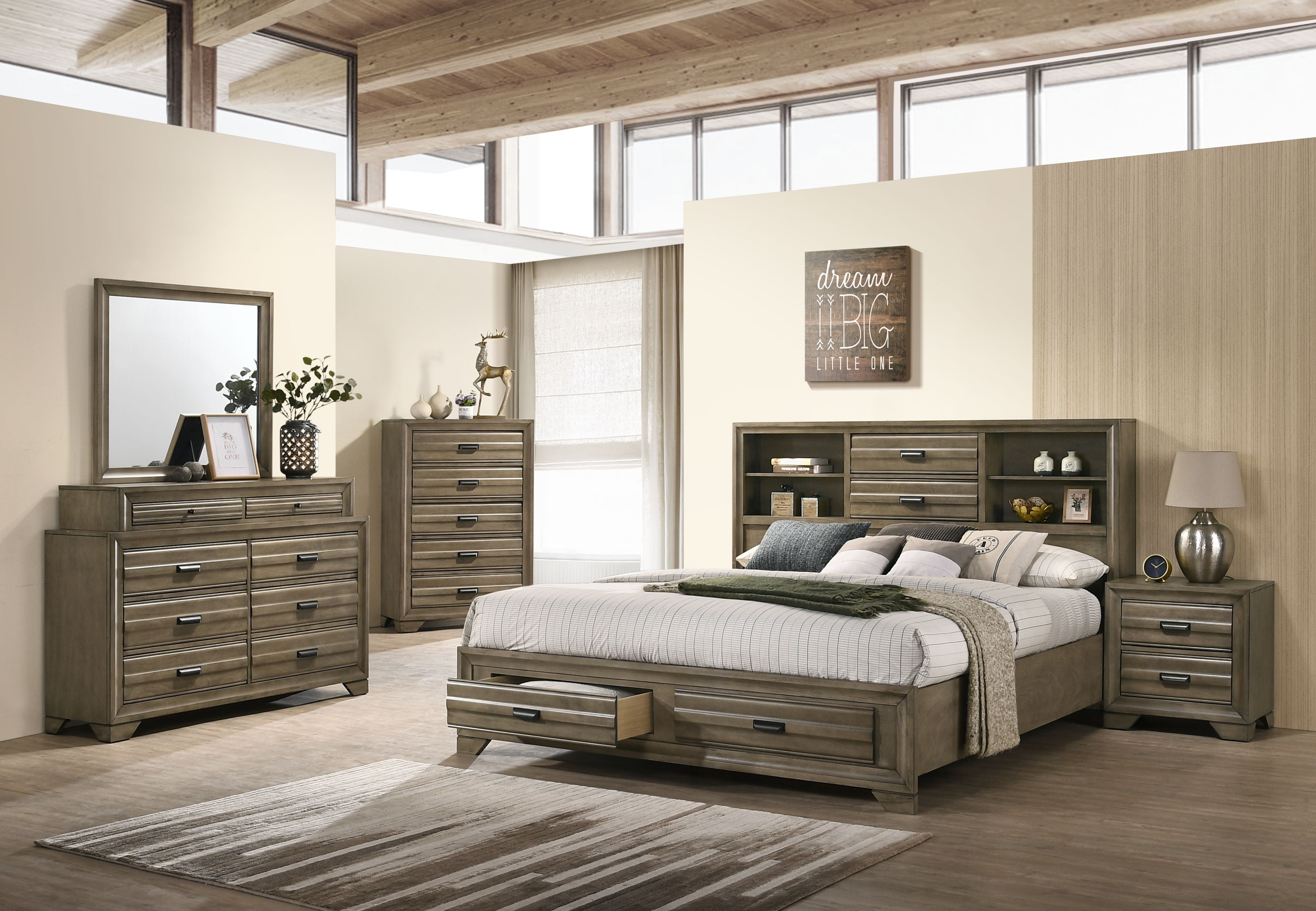 Loiret Light Grey Finish Wood Storage Platform King Bedroom Set with ...