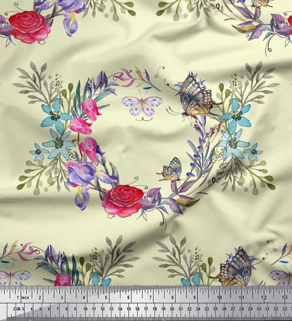 Soimoi Yellow Silk Fabric Insect,Rose & Wreath Flower Print Fabric by ...