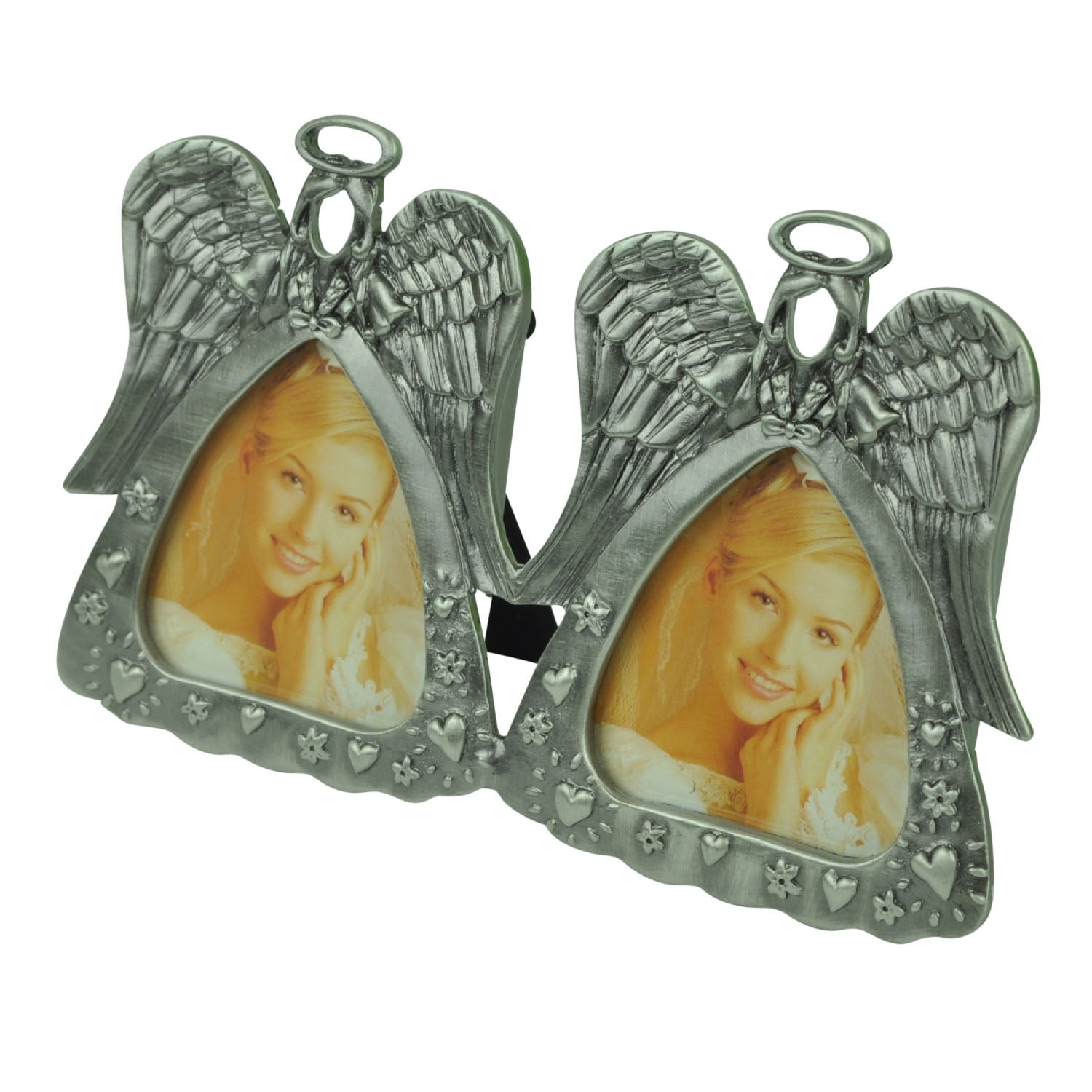 Double Angel Hearts Flowers Starst Two Photos Frame Cast Metal Pewter ...
