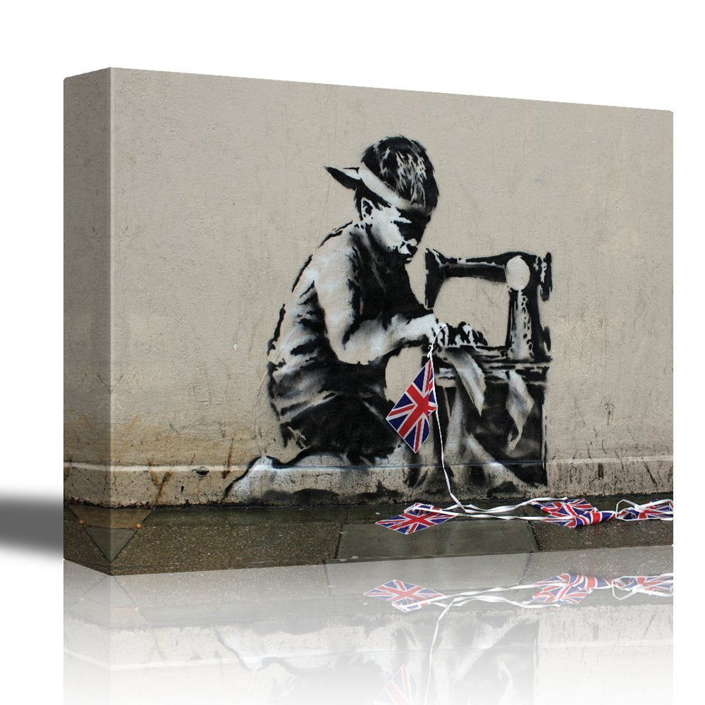Wall26 "Slave Labour by Banksy - Child Sewing Countries Flags Together ...