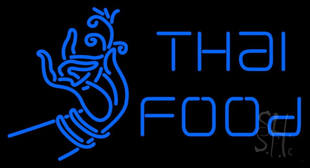 Blue Thai Food Logo LED Neon Sign 20 x 37 - inches, Black Square Cut ...