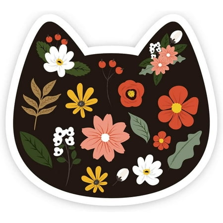 Black Floral Cat Head Sticker, 2 Pack Clear Cat Lover Watercolor ...