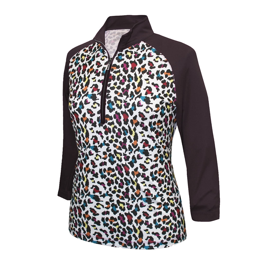 Monterey Club Women's Pro Leopard Print Block 3/4 Sleeve Zip Golf Polo ...