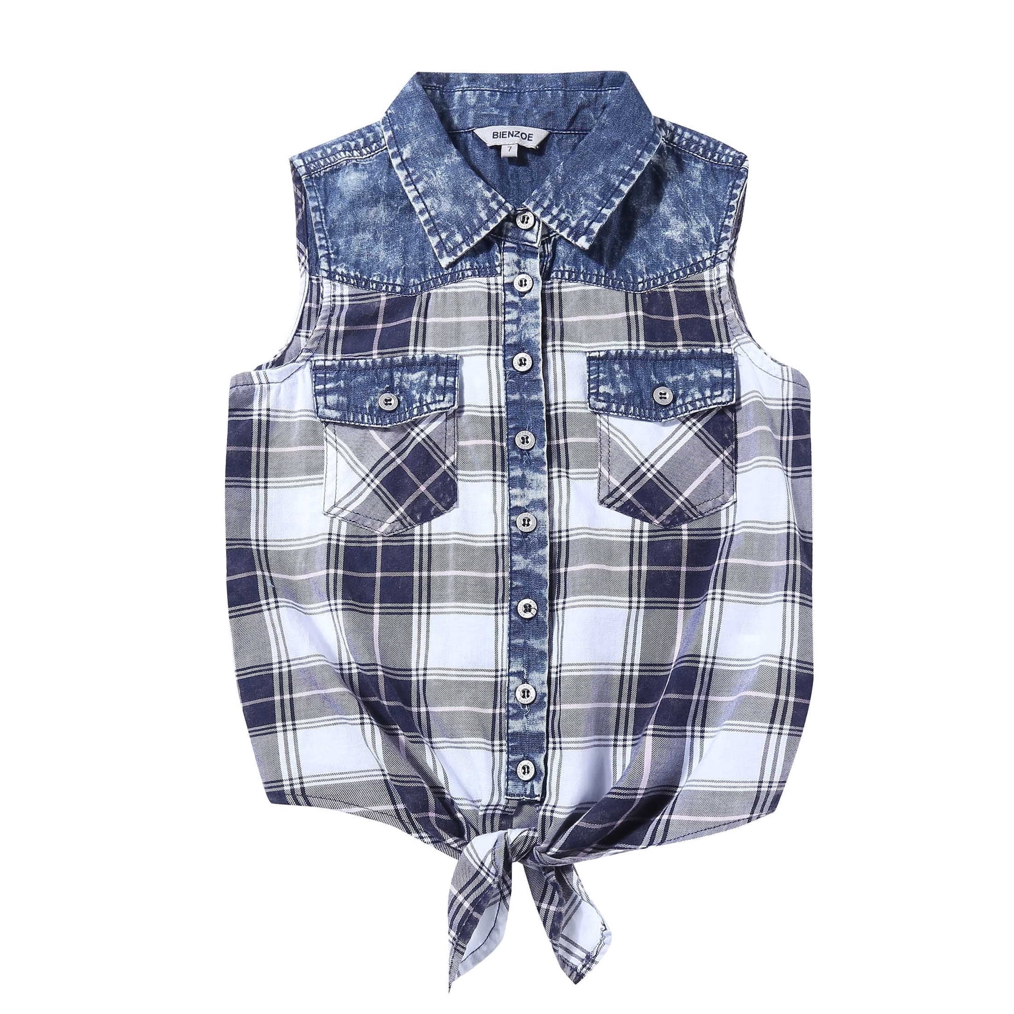 Click here for Bienzoe Girls Plaid Denim Sleeveless Blouse Casual... prices