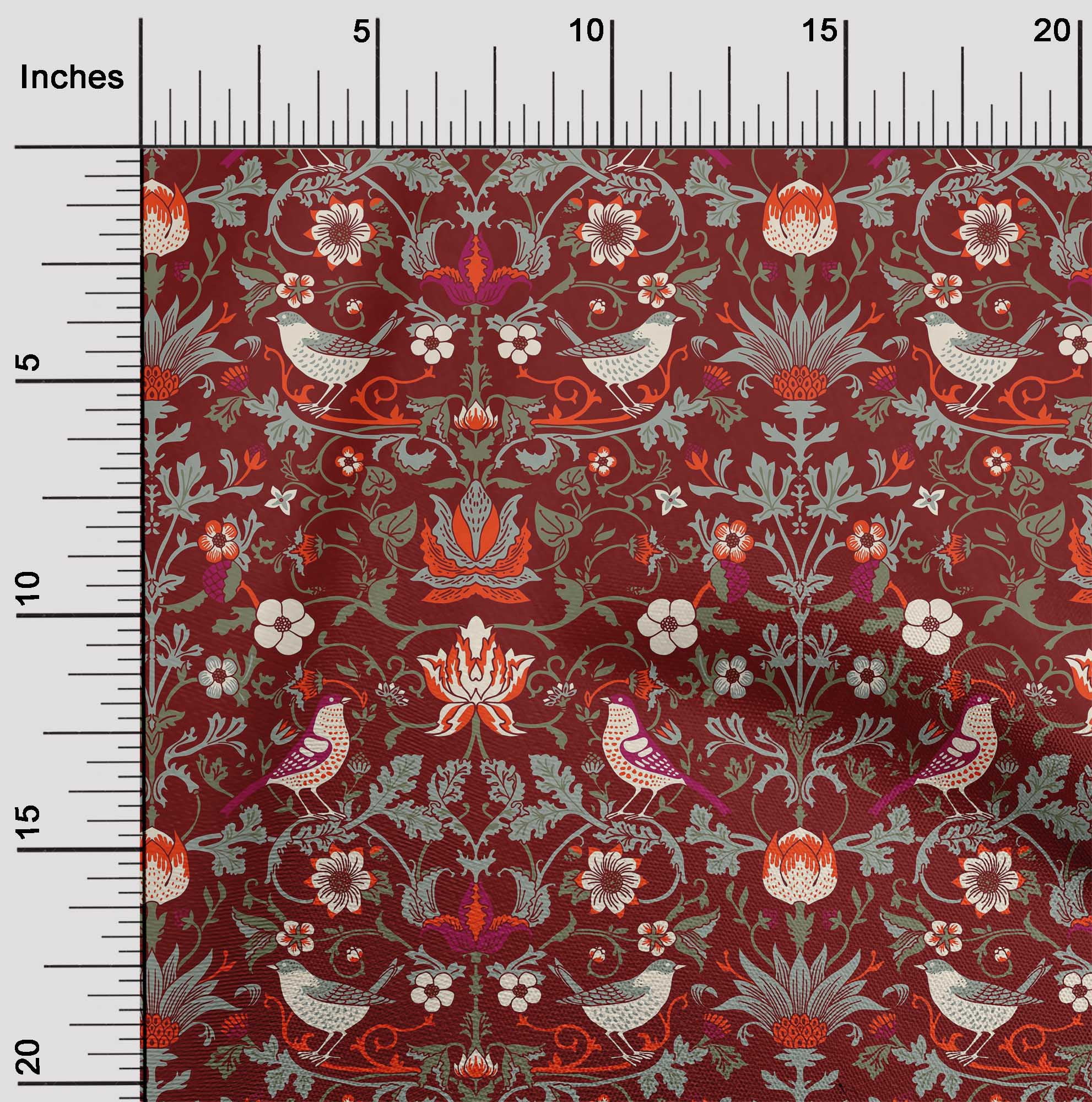 oneOone Cotton Poplin Dark Red Fabric Leaves|Bird & Floral Artistic ...
