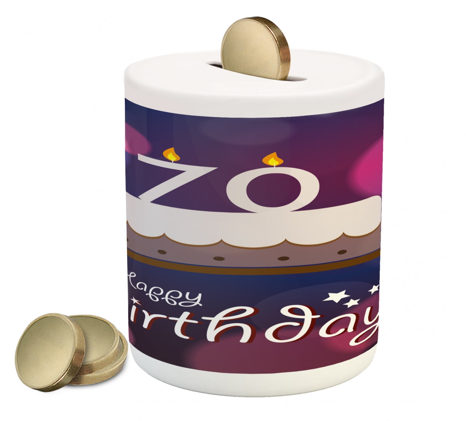 70th Birthday Piggy Bank, Cartoon Style Birthday Party Delicious Yummy ...