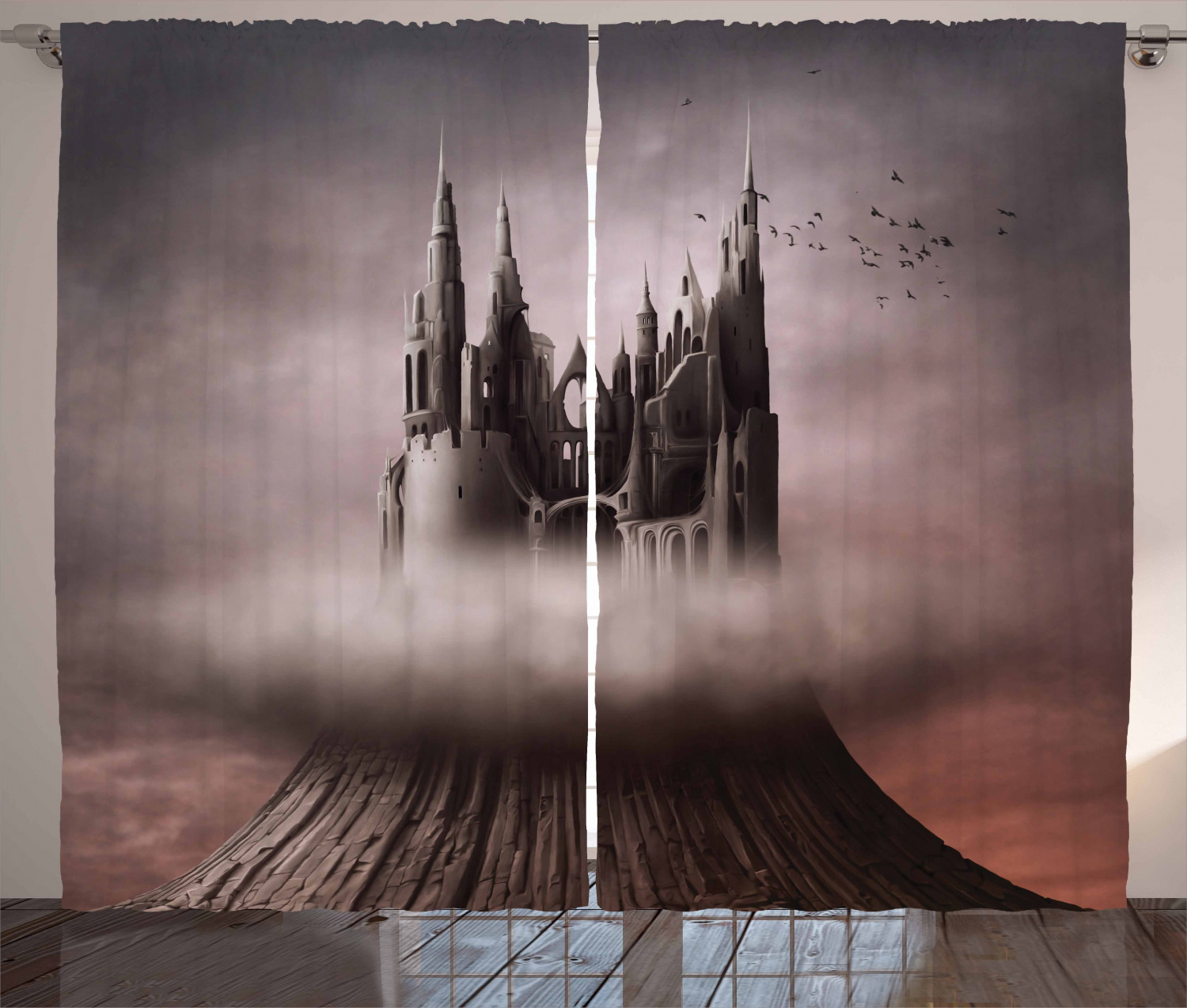 Fantasy Curtains 2 Panels Set, Abandoned Ancient Castle on a Mountain ...