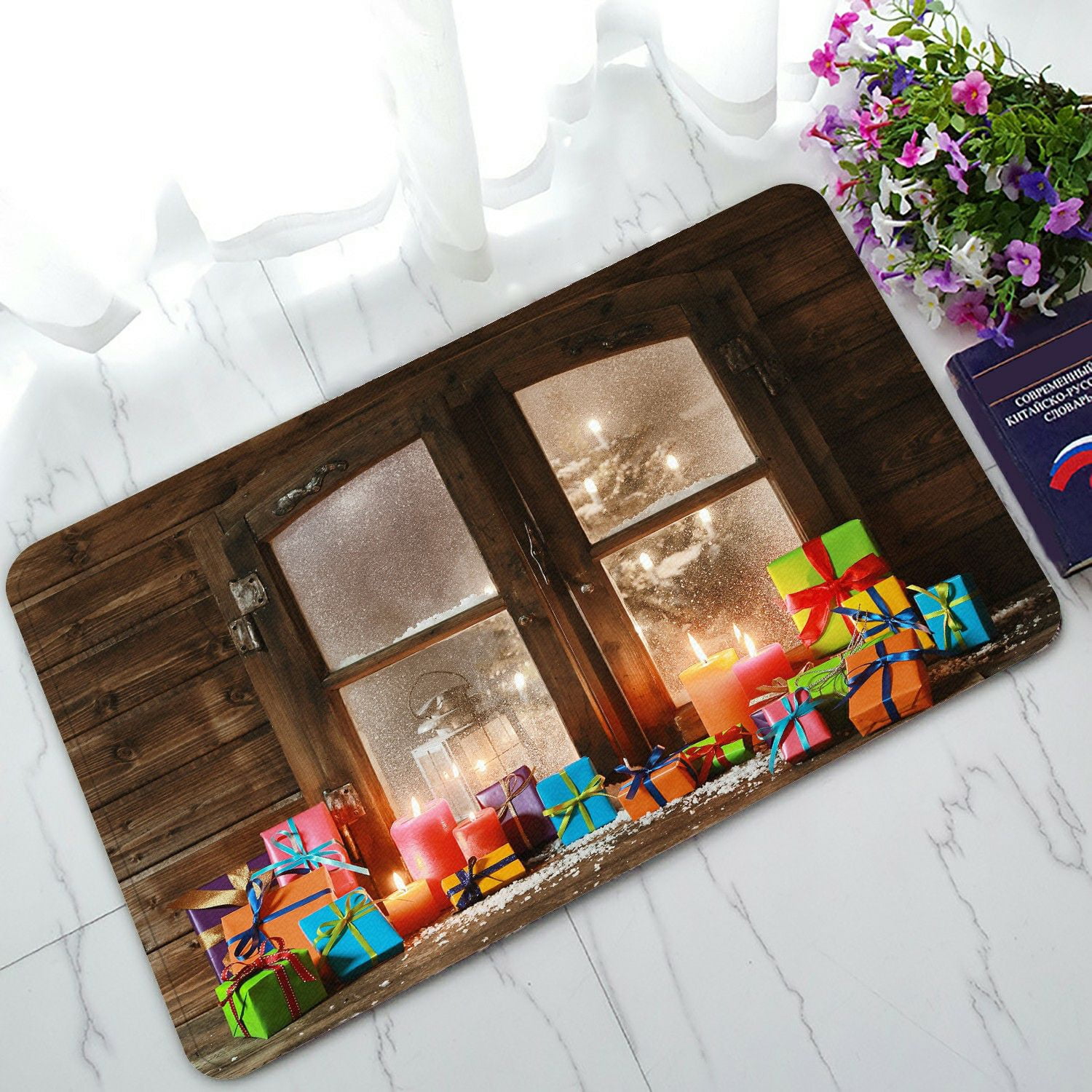 ECZJNT Christmas Presents Lighted Candles Window Pane Doormat Bath Mat ...
