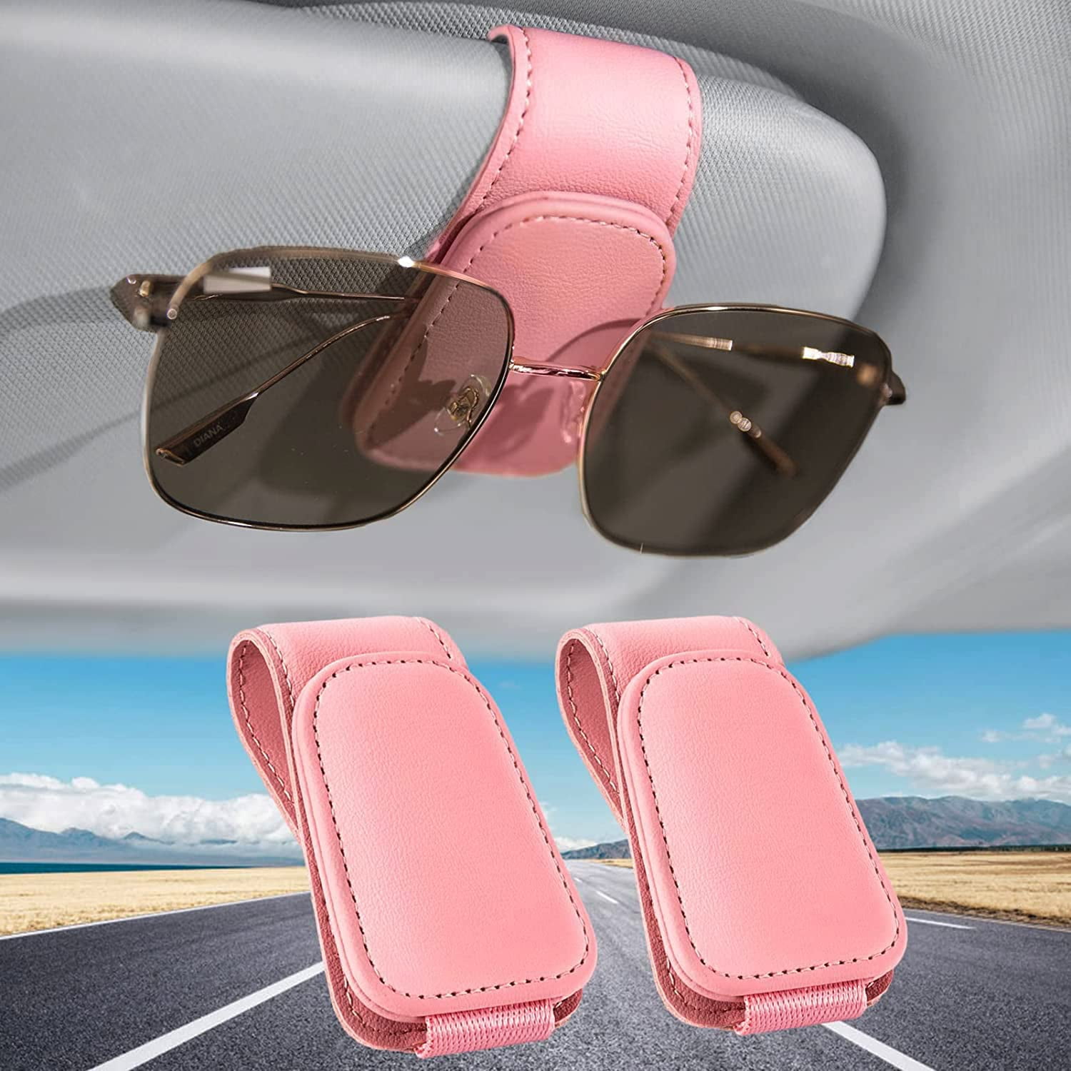 Sunglass Holder For Car Visor Clip 2 Pack Magnetic Leather Car Sunglasses Holder Eyeglass
