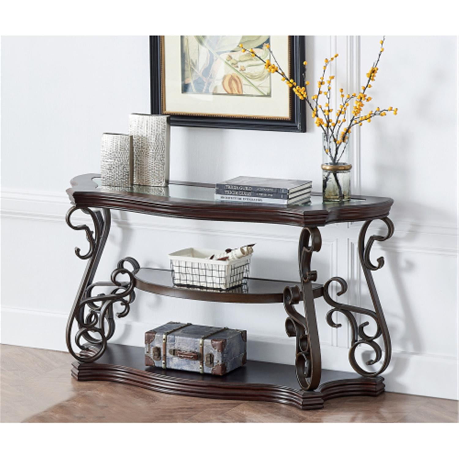 Traditional Console Table, Accent Side Table with Tempered Glass Top ...