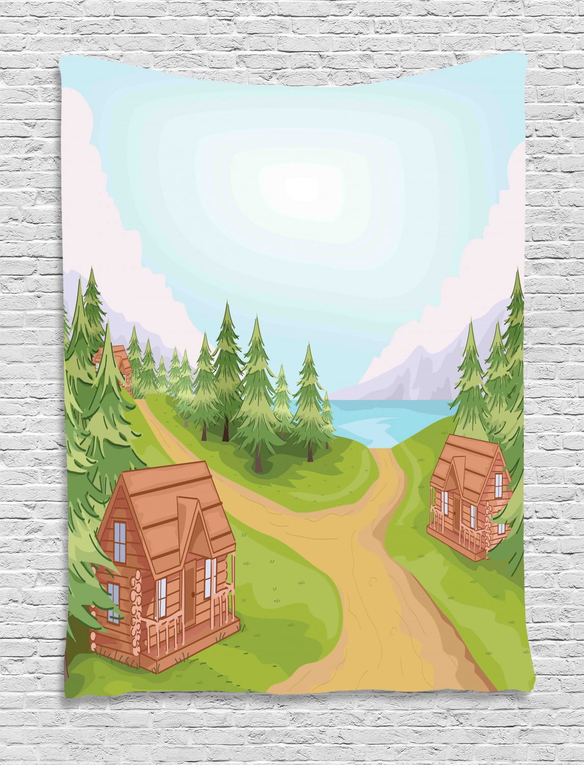Log Cabin Tapestry, Countryside Theme Sketch of a Small Village with ...