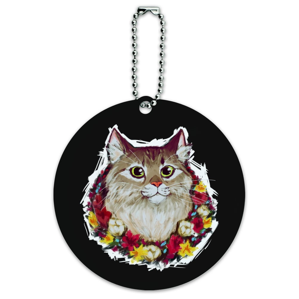 Painted Tabby Cat with Flowers Round Luggage ID Tag Card Suitcase Carry ...