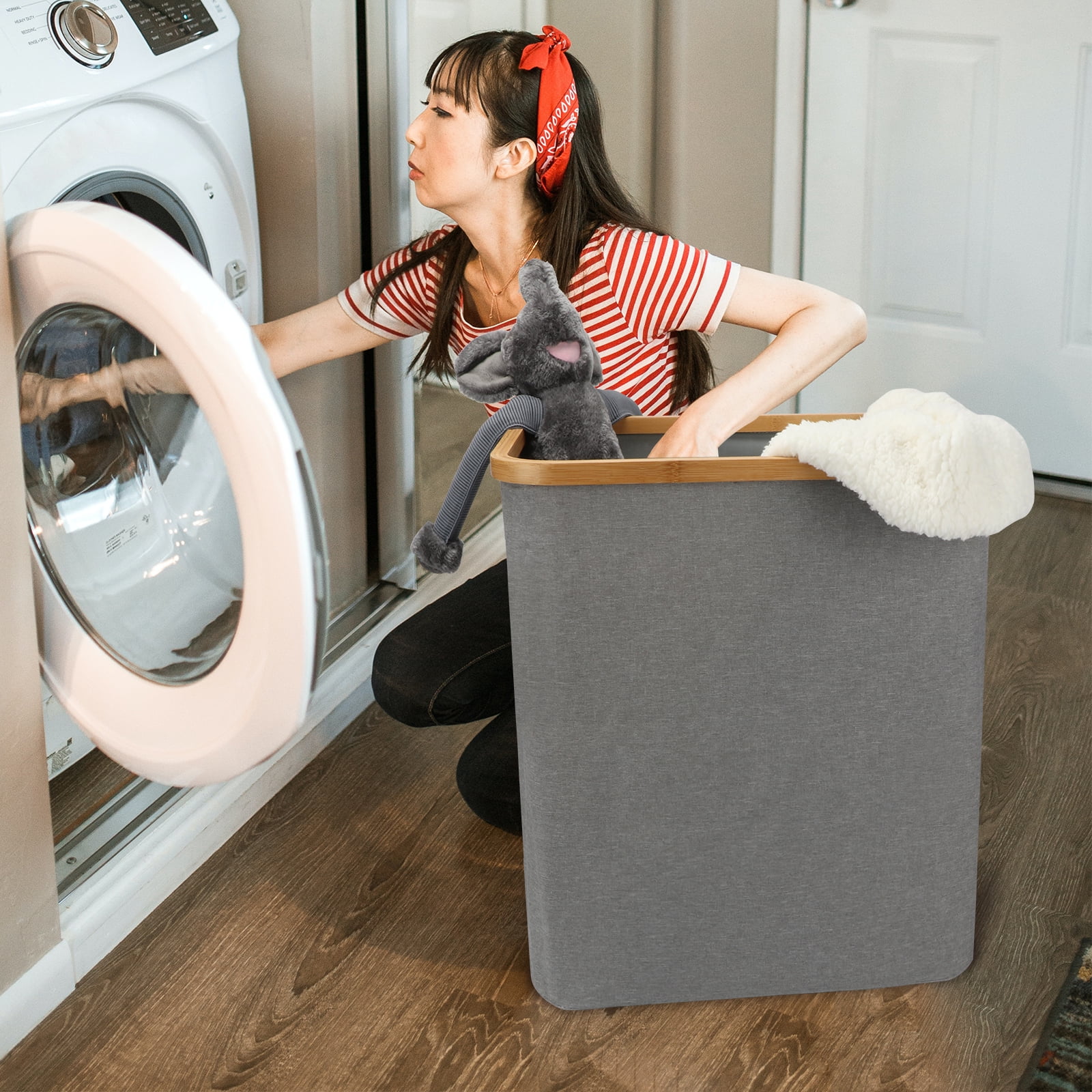 Folding Laundry Basket with Bamboo Frame Large Laundry Hampers ...