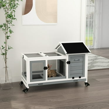 PawHut Indoor Rabbit Hutch with Wheels, Desk and Side Table Sized, Wood ...