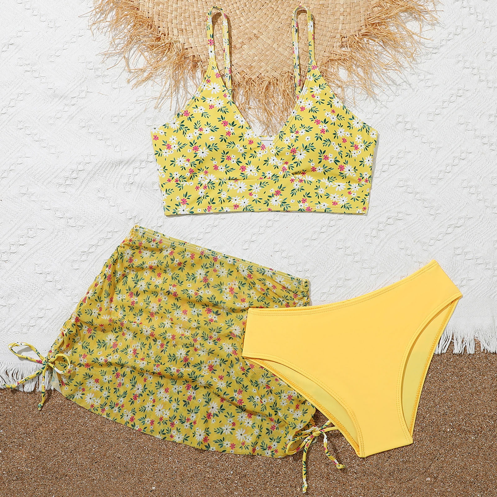 Girls 3 Piece Swimsuit Bathing Suit with Floral Print Bikini Set and ...
