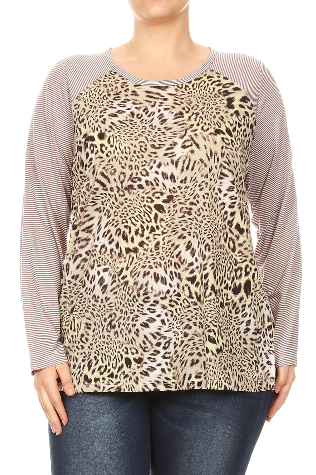 Women Plus Size Leopard Print Striped Sleeves Blouse Tunic Top Multi ...
