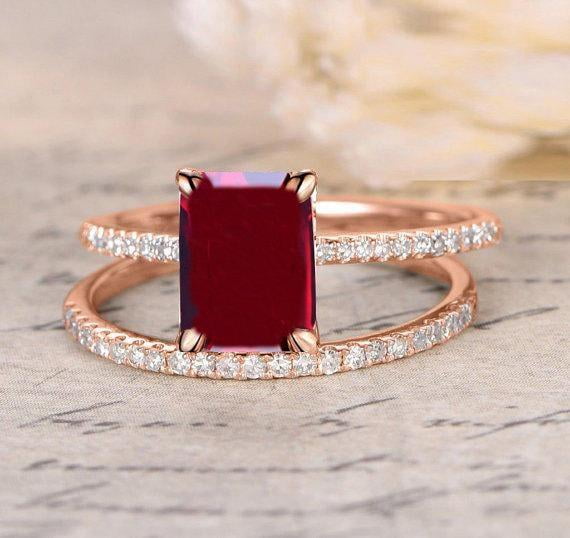 2 Carat Ruby in 7x5mm Emerald Cut and Moissanite Diamond Engagement ...