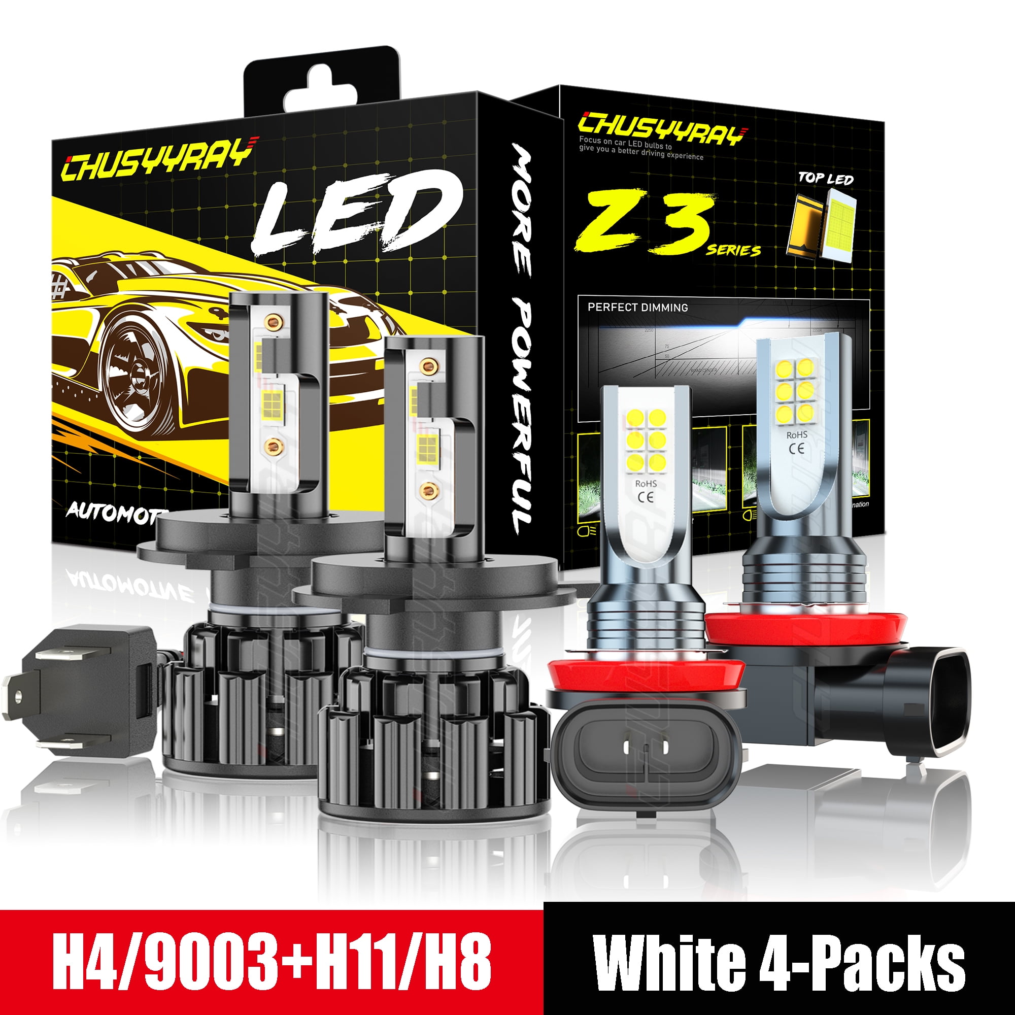 6000K LED 9003 Dual Beam Headlight + Fog Light Bulbs Plug&Play White 4 ...