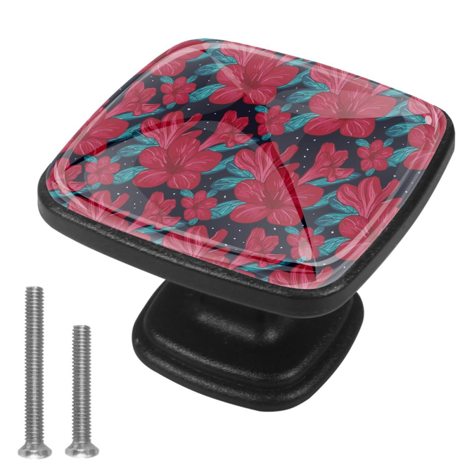 4 Pcs Cabinet Handle Drawer Pulls Red Bloomming Flowers Knobs with Screws Square Furniture ...