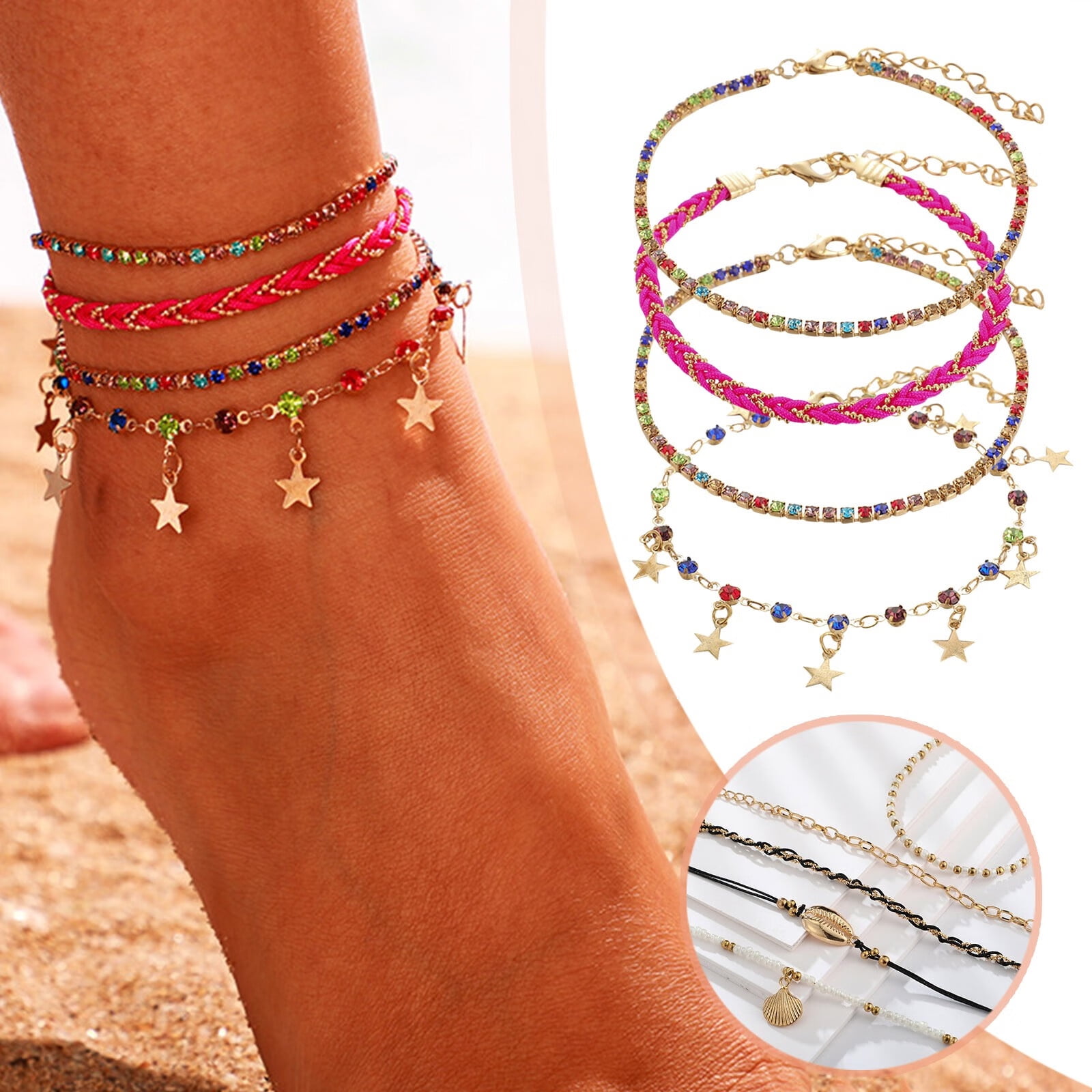 4Pcs Color Diamond Star Boho Single Layer Anklets For Women Star ...