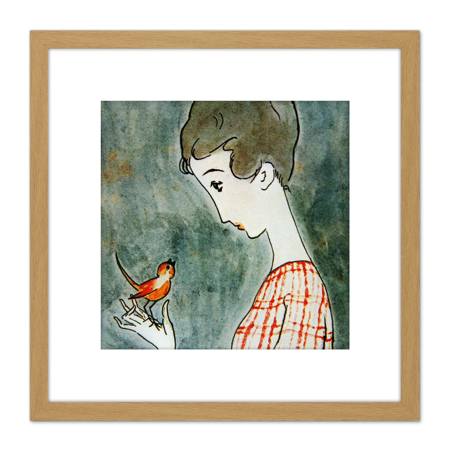 Takehisa Red Bird Japanese Painting 8X8 Inch Square Wooden Framed Wall ...