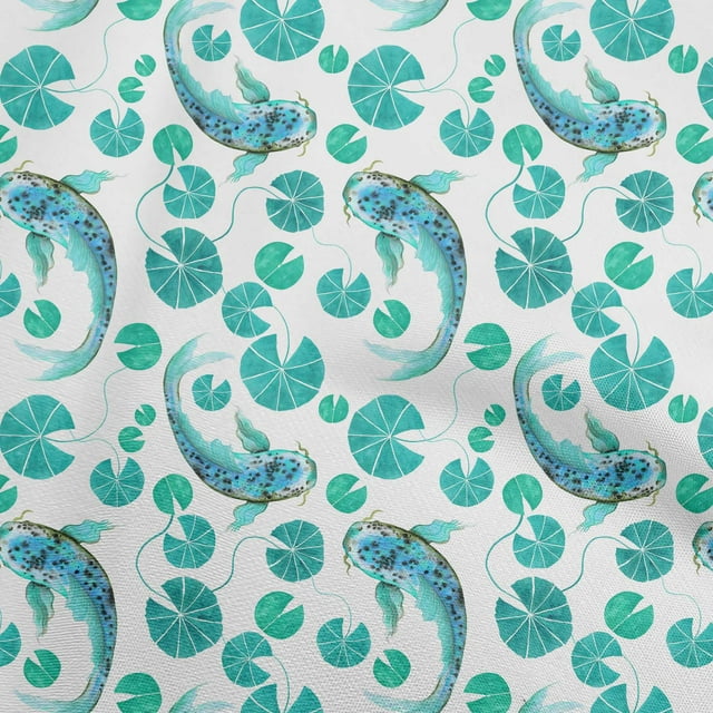 oneOone Cotton Cambric Teal Green Fabric Asian Japanese Koi Fish Sewing ...