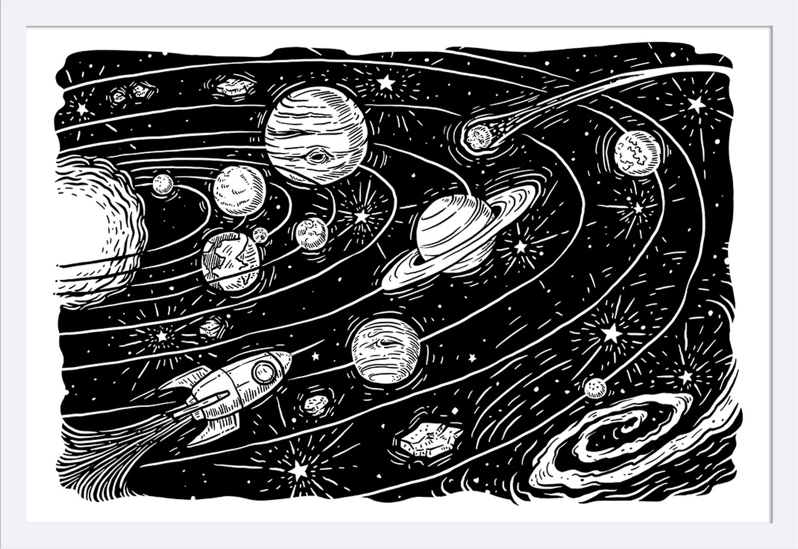 Space Scene - Etching - Lantern Press Artwork (36x24 Giclee Art Print ...