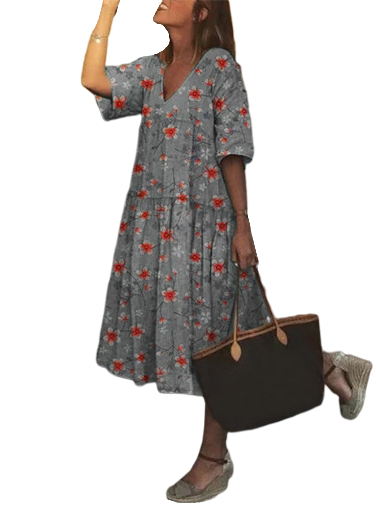 Lumento Ladies Flowy Beach Dress Short Sleeve Hawaiian Swing Hem ...