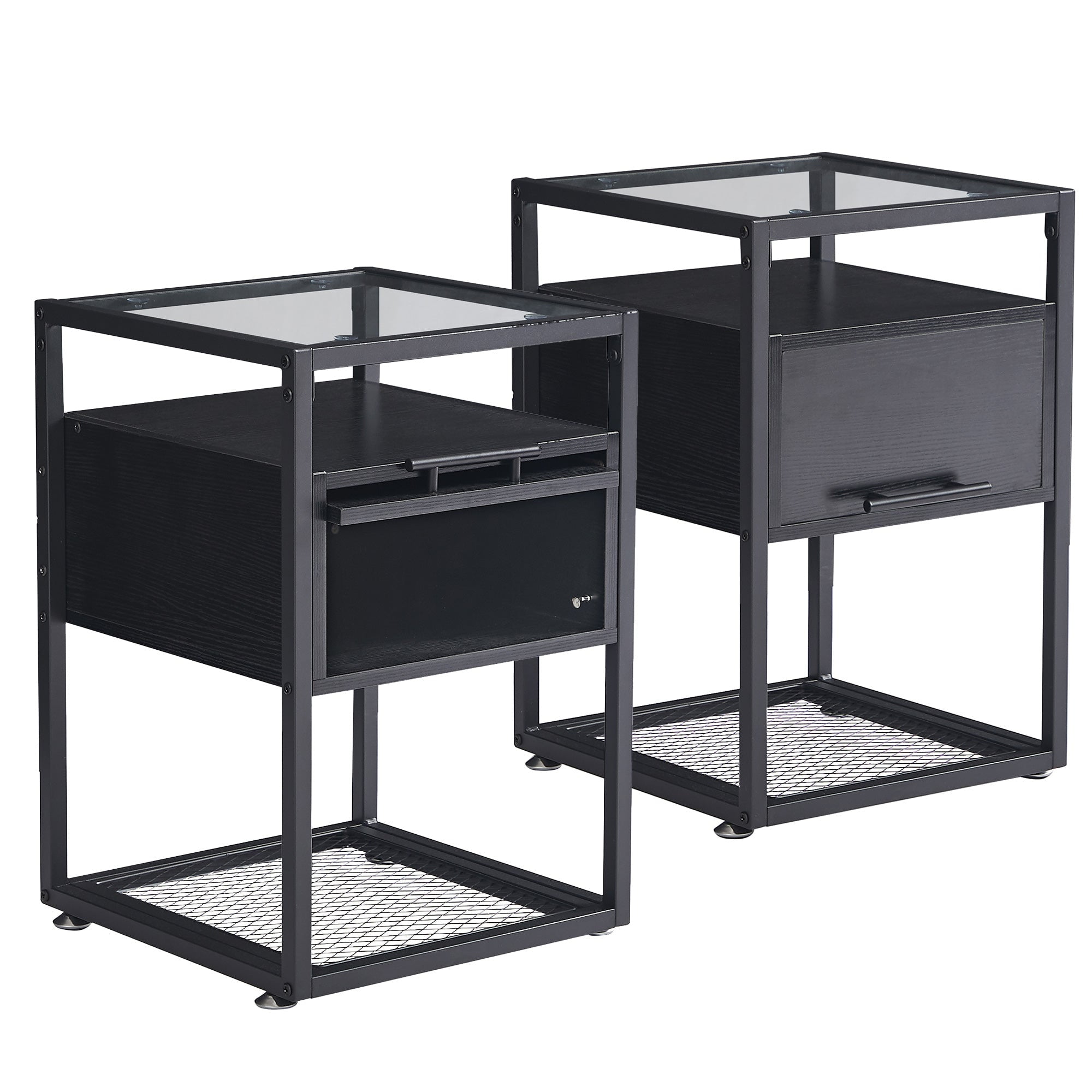 VECELO Set of 2 Tempered Glass Top Nightstand with Flip Drawer and ...