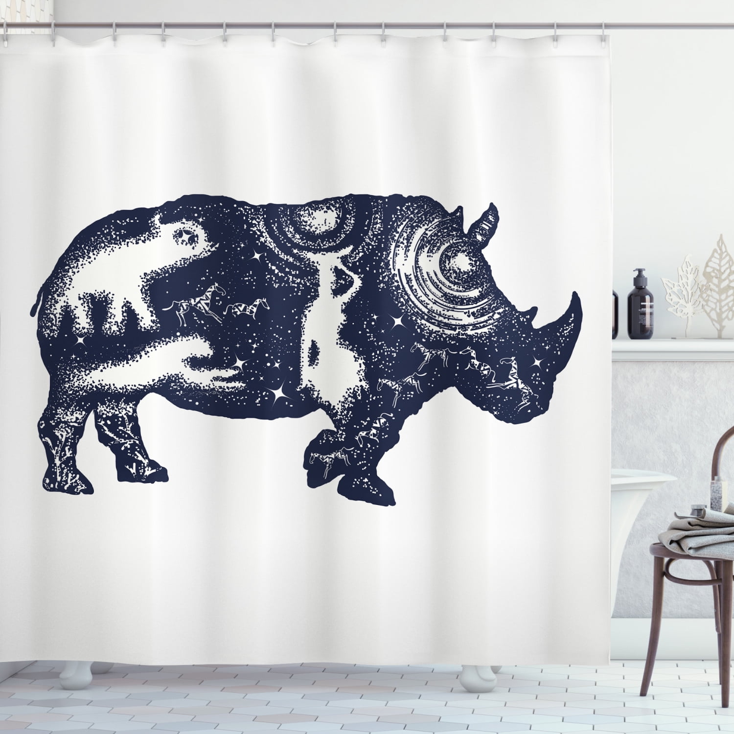Rhino Shower Curtain, Artwork of a Woman and Various Motifs Traditional ...