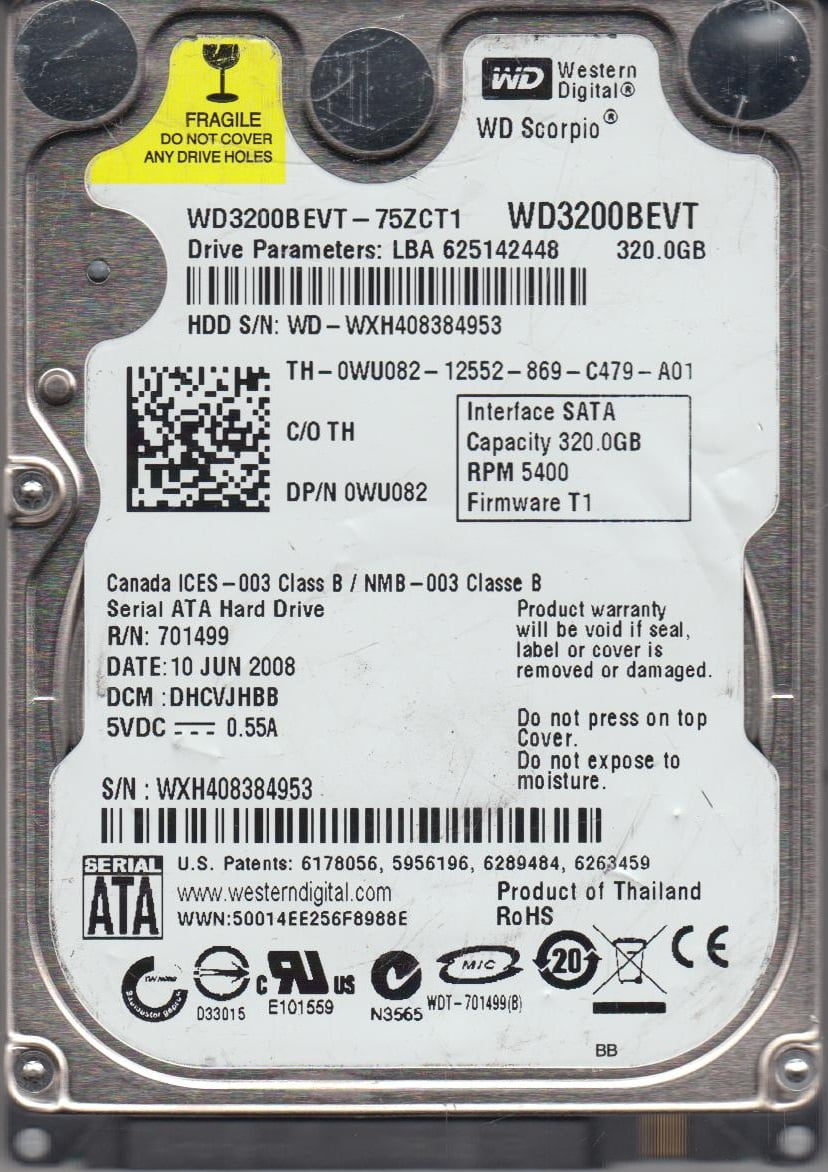 WD3200BEVT-75ZCT1, DCM DHCVJHBB, Western Digital 320GB SATA 2.5 Hard ...