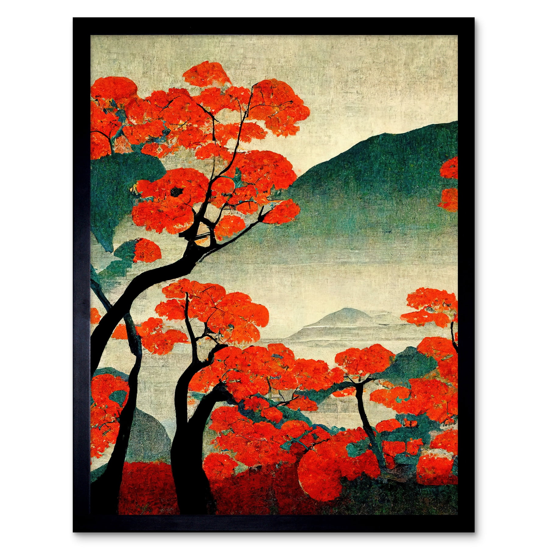 Modern Japanese Red Maple Trees On Hillside Art Print Framed Poster ...